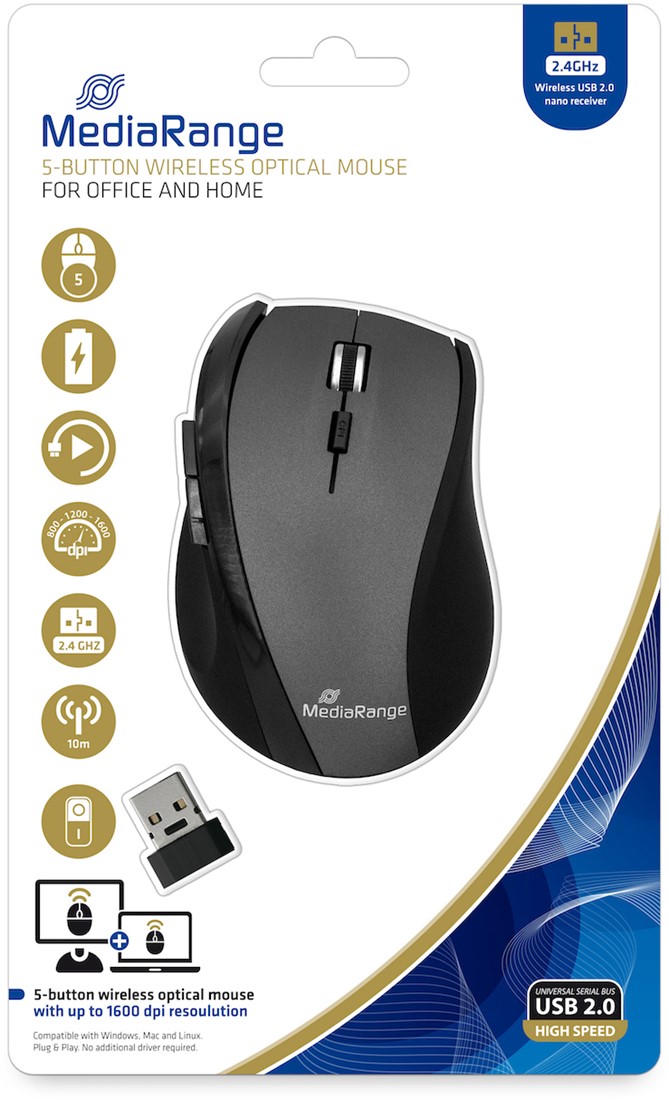 MediaRange | Muis | Draadloos | Optisch | 5 Knops | USB | Zwart Opus ...
