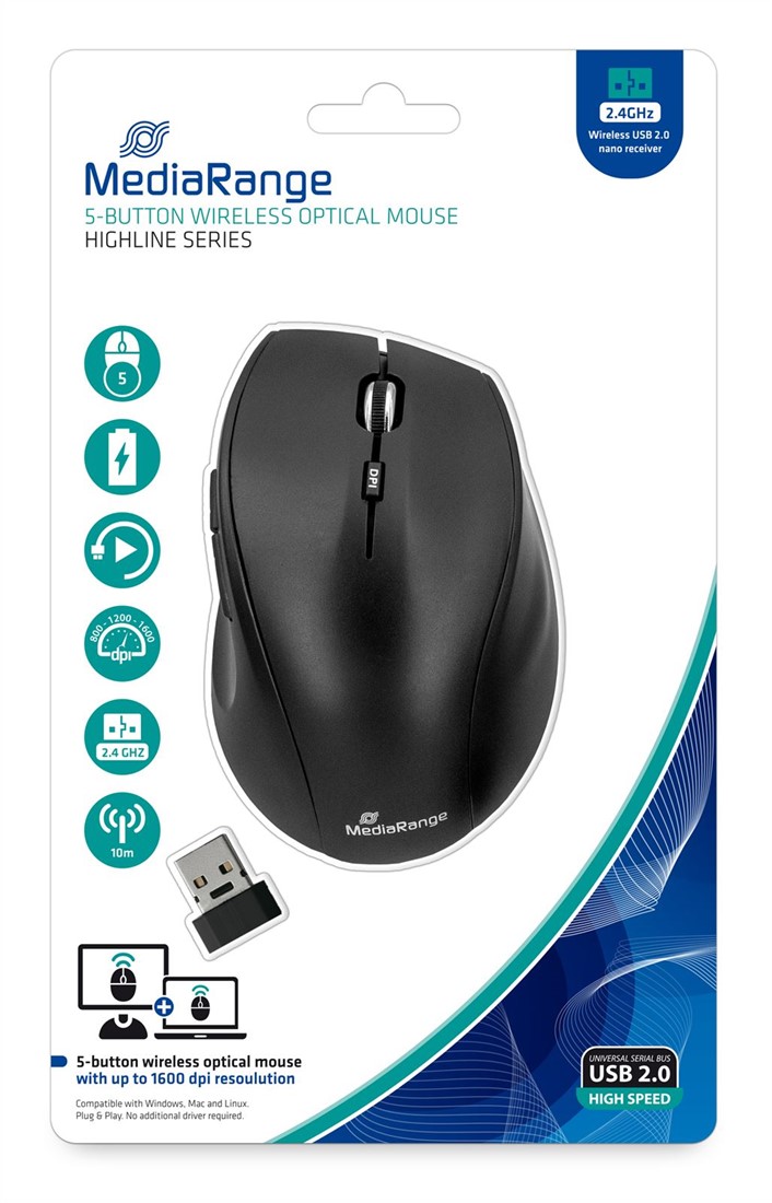 MediaRange | Muis | Draadloos | Optisch | 5 Knops | USB | Mat Zwart ...