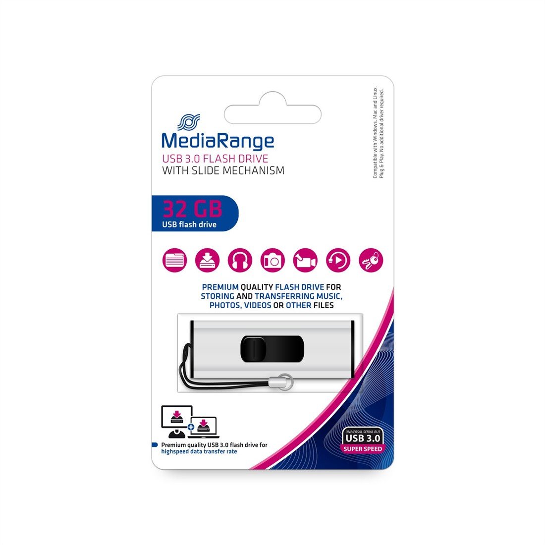 MediaRange | USB Stick | 32 GB | USB 3.0 | Slider | Aluminium kleur ...
