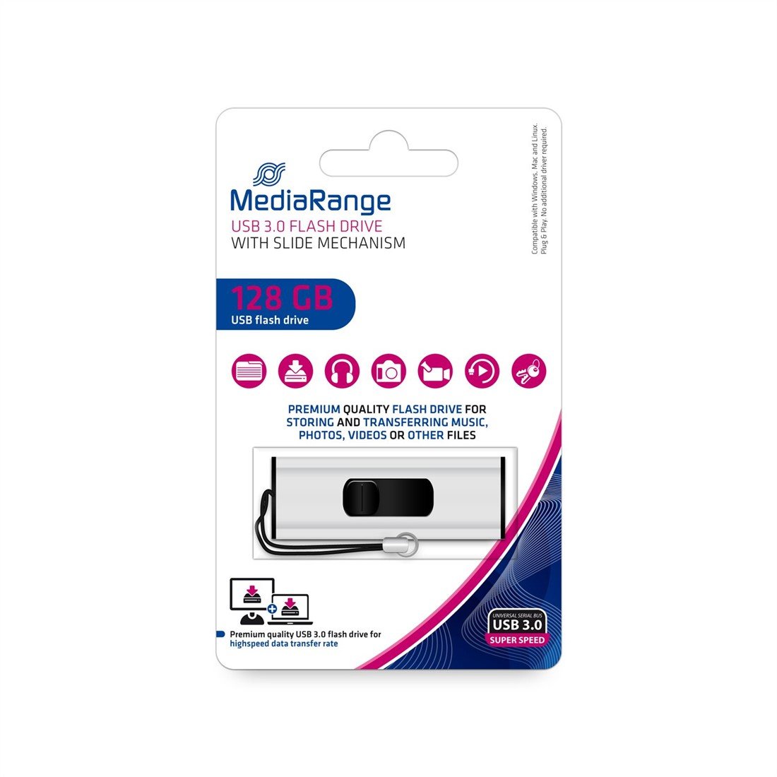 MediaRange | USB Stick | 128 GB | USB 3.0 | Slider | Aluminium kleur ...